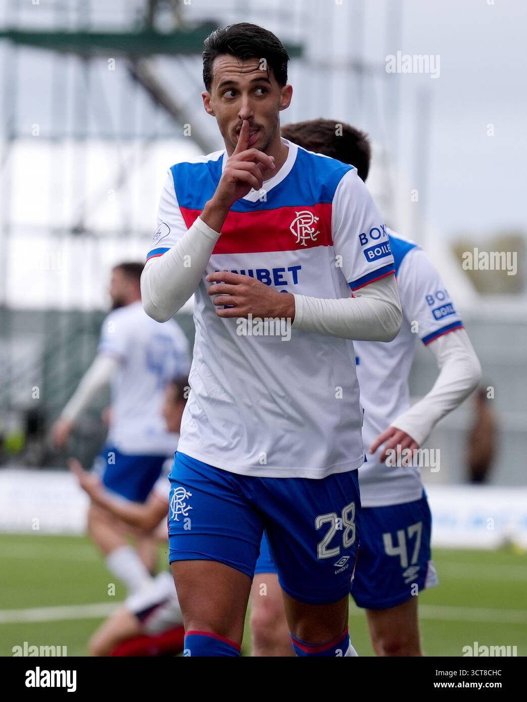 Rangers' Bojan Miovski celebrates after scoring his sides first goal ...