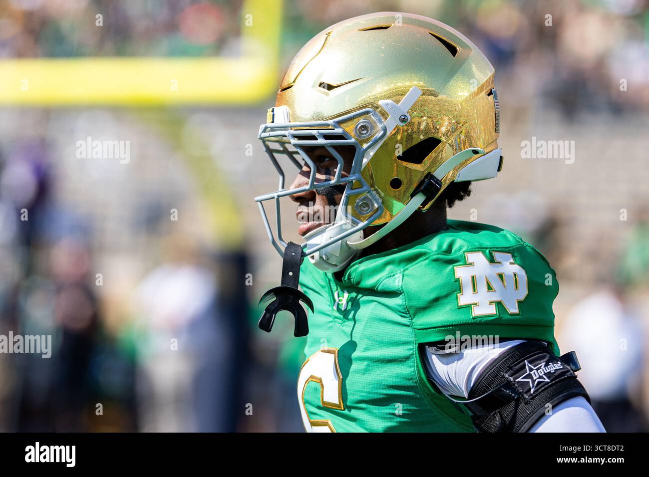 October 04, 2025: Notre Dame defensive back Christian Gray (6) during pregame of NCAA football ...