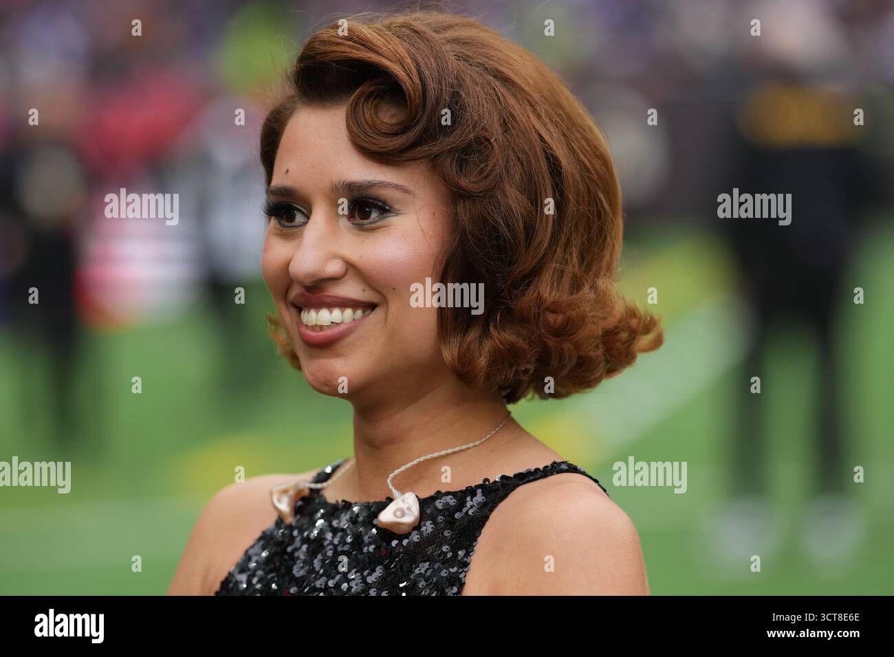 Raye is seen at halftime of an NFL football game between the Cleveland ...