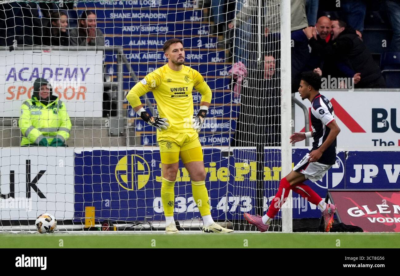 Rangers goalkeeper Jack Butland reacts after Falkirk's Henry Cartwright ...