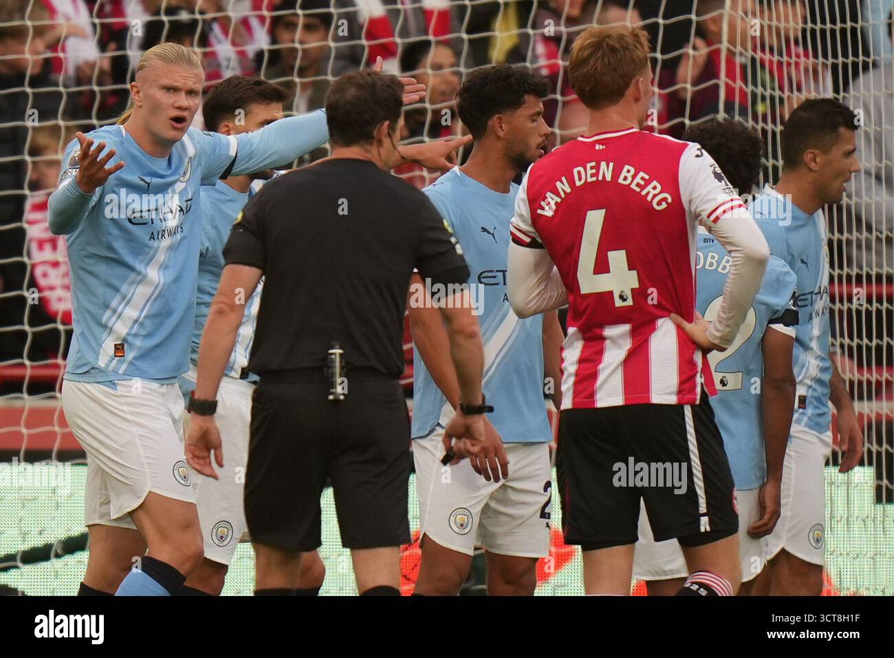 Manchester City's Erling Haaland argues with a referee during the ...