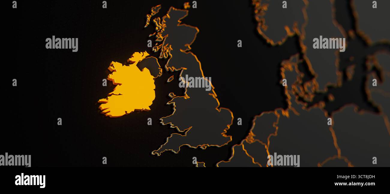 Golden Ireland 3d map surrounded with other countries in black with ...