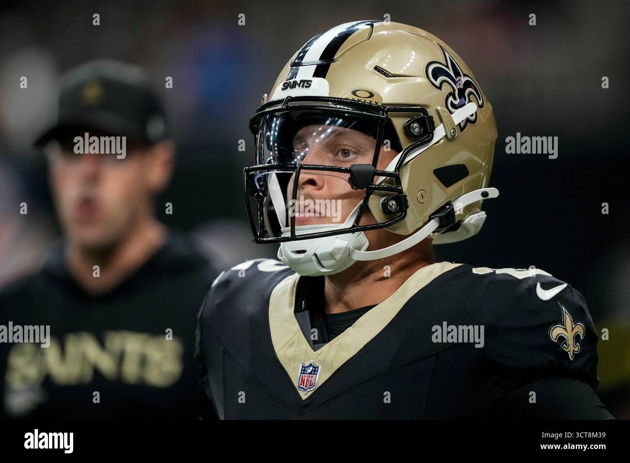 New Orleans Saints quarterback Spencer Rattler (2) warms up before an ...