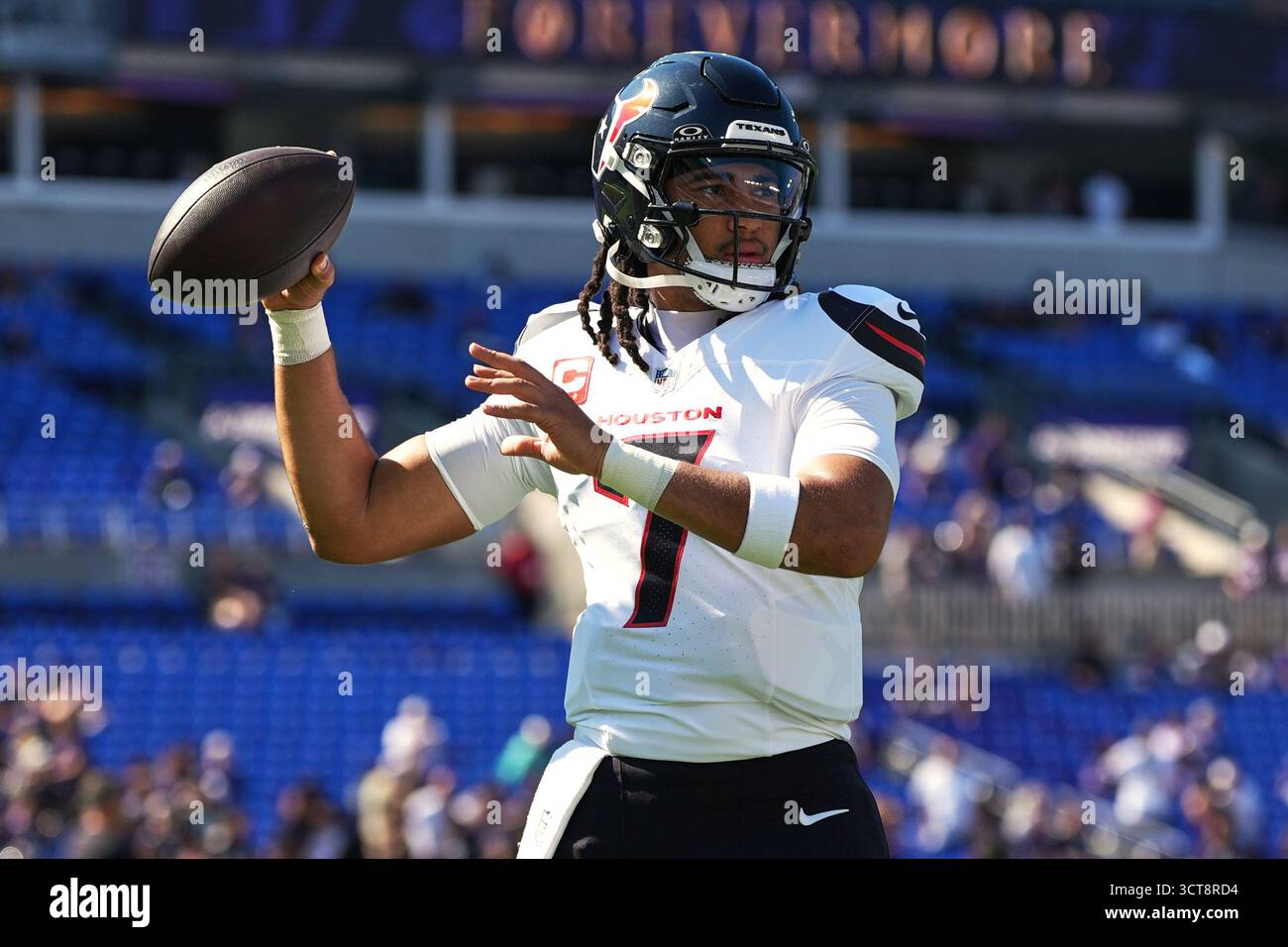 Houston Texans quarterback C.J. Stroud warms up before an NFL football ...