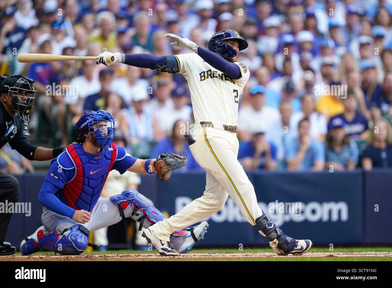 Milwaukee Brewers' Brice Turang hits an RBI double during the first ...