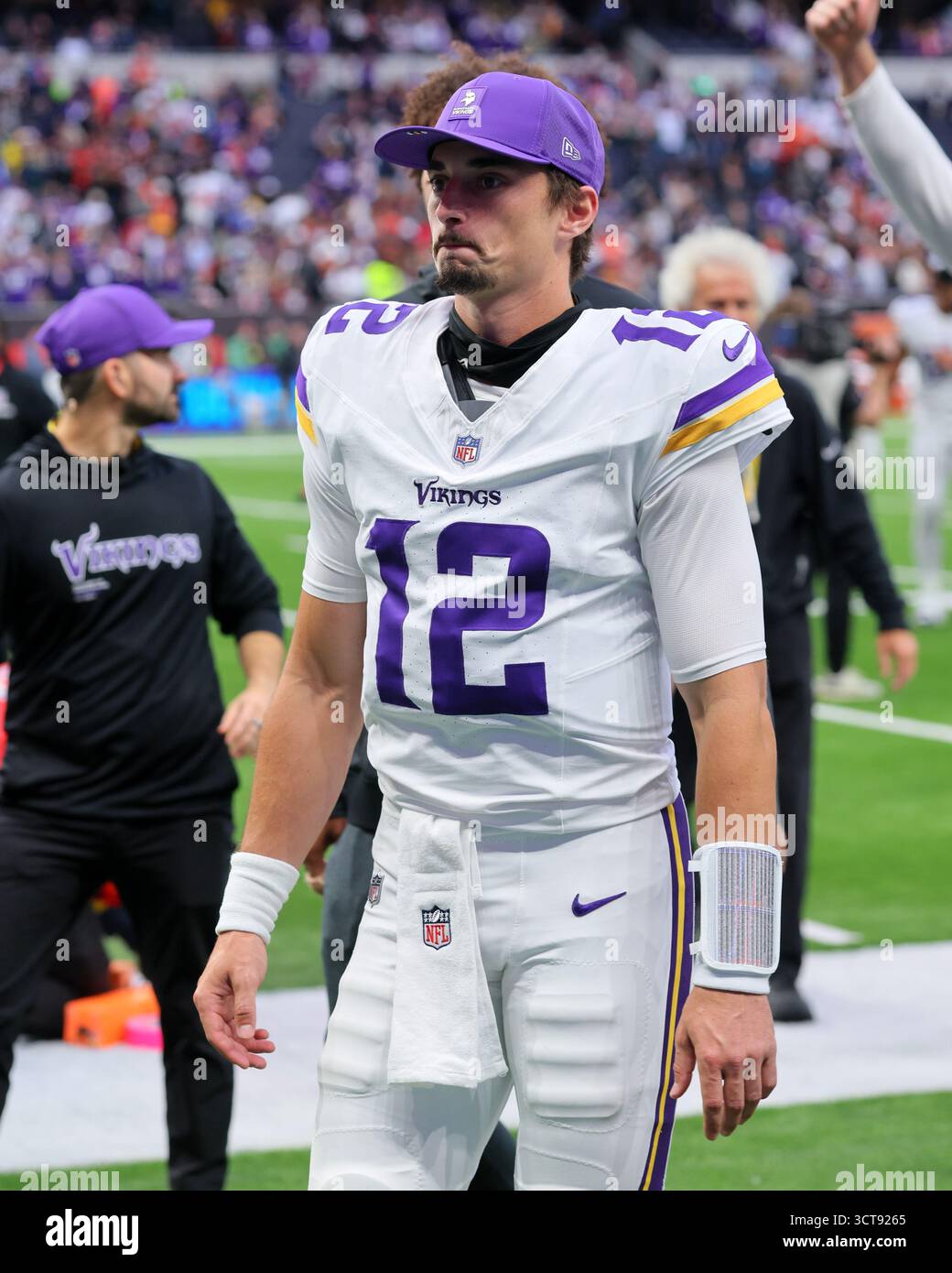 Minnesota Vikings quarterback Max Brosmer (12) leaves the field after a ...