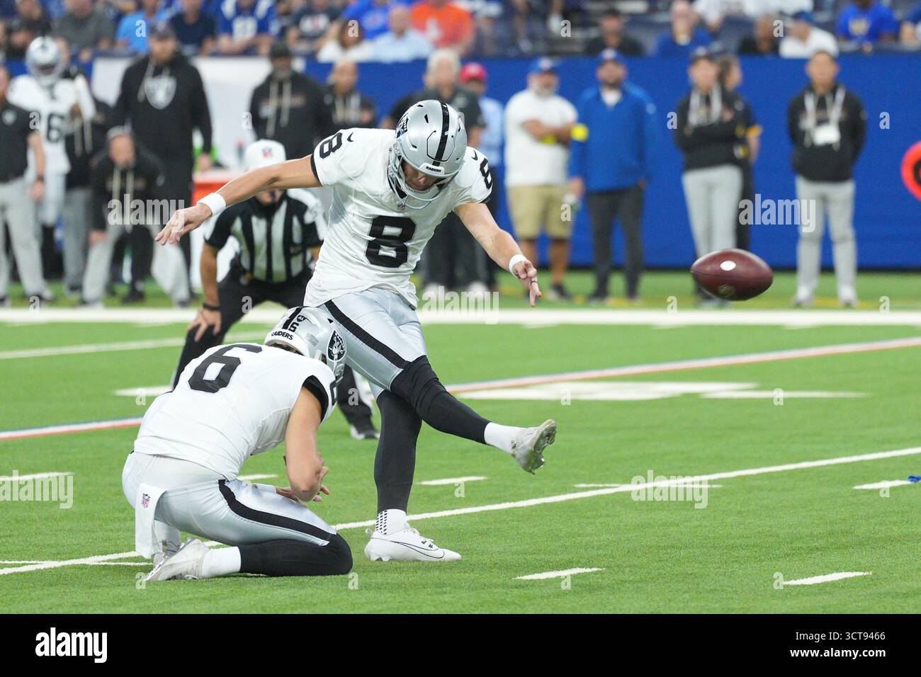Las Vegas Raiders kicker Daniel Carlson (8) kicks a field goal out of ...