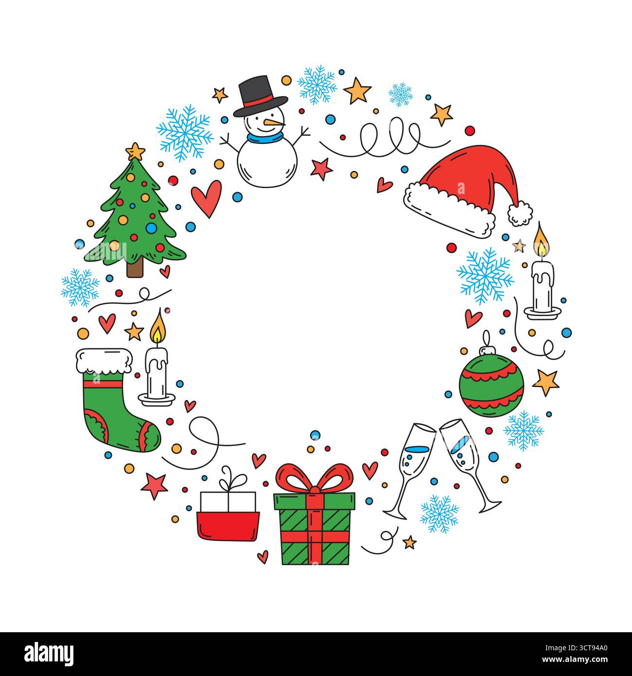 Hand drawn Christmas wreath made of festive doodles. Holiday circle ...