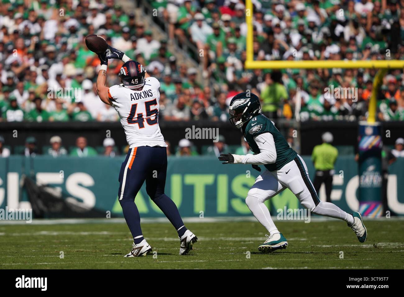 Denver Broncos tight end Nate Adkins (45) can't complete the pass ...