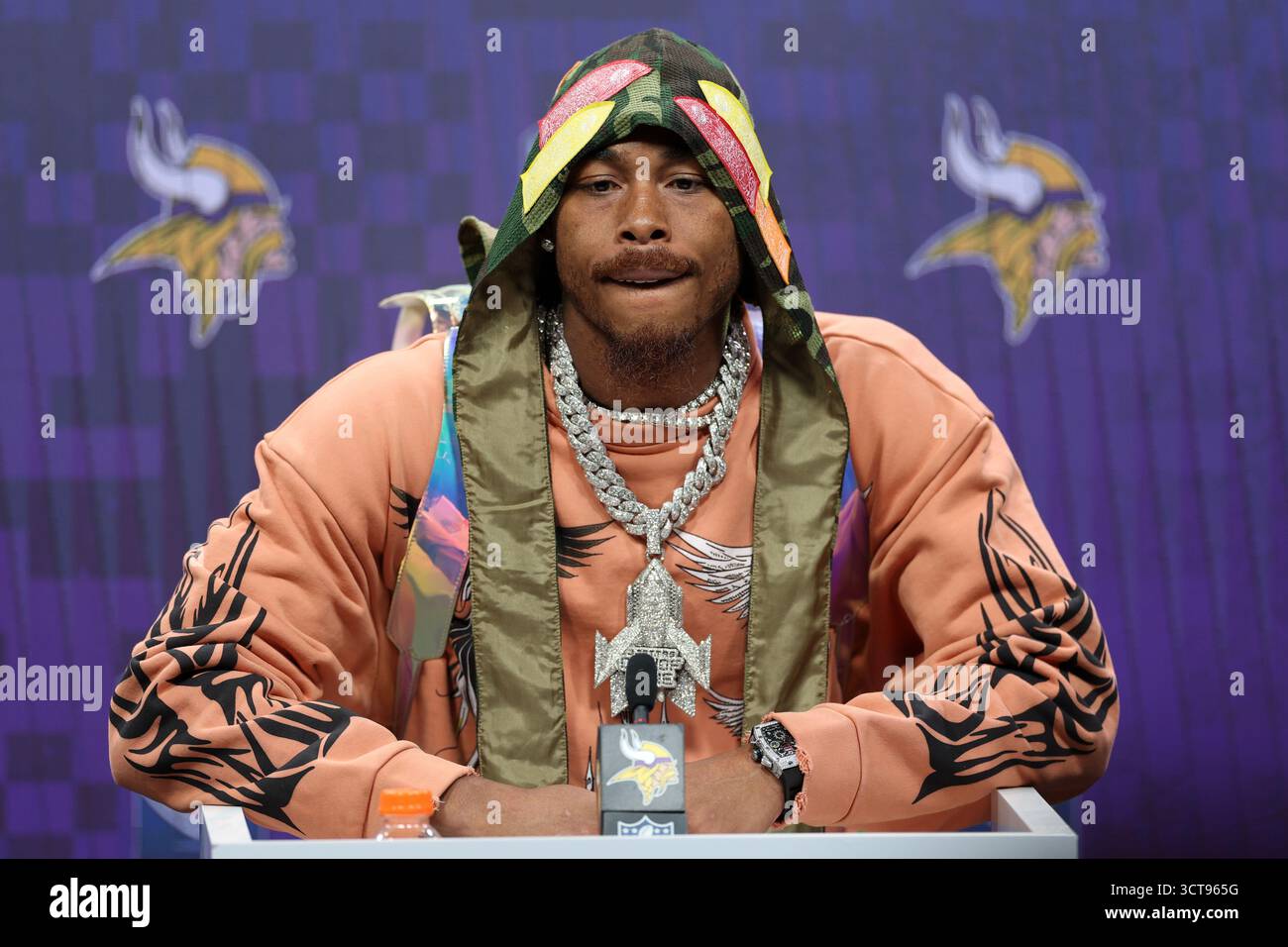 Minnesota Vikings wide receiver Justin Jefferson (18) attends a press ...
