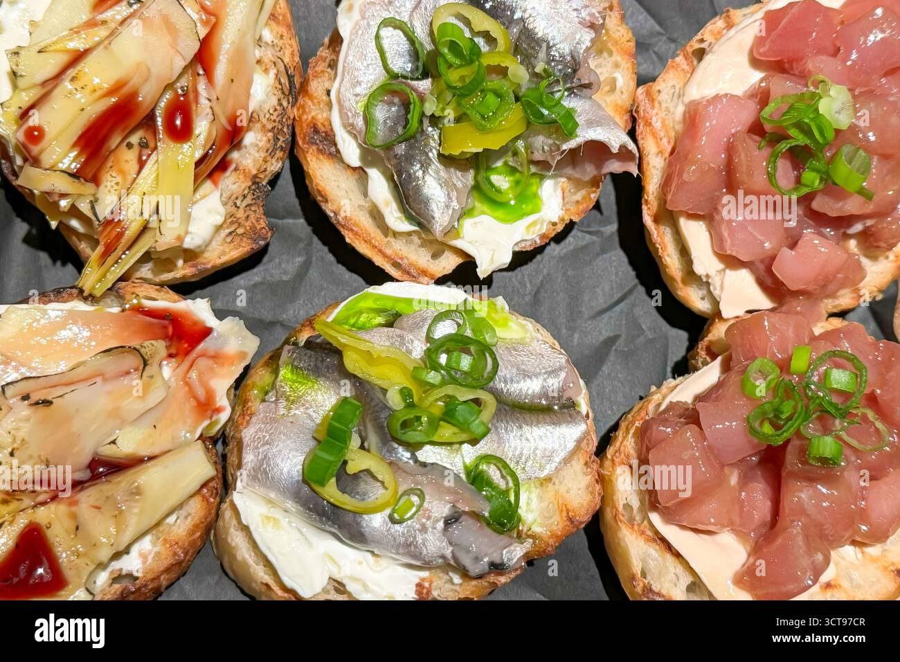 Assorted Tapas with Different Types of Fish on Toasted Bread. Concept ...