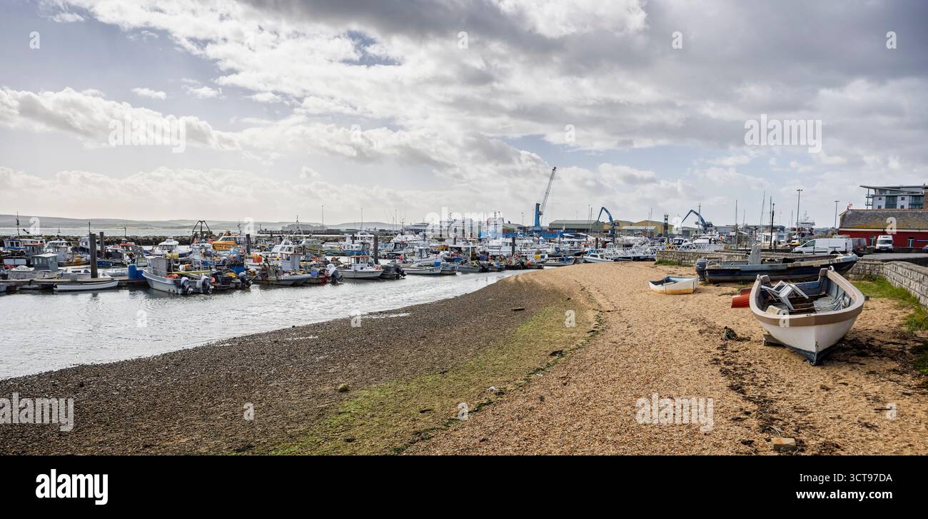 Panorama of small boats moored at Poole marine, Poole Quay, Dorset, UK ...