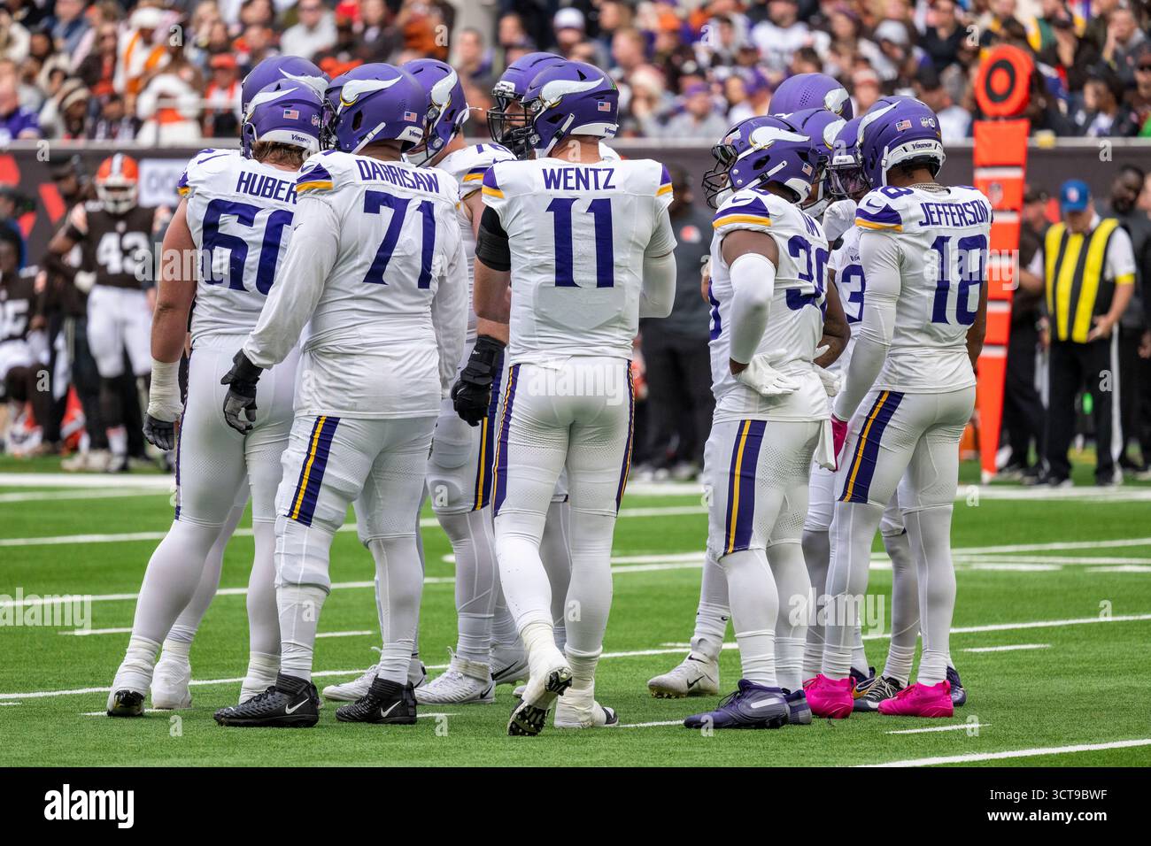 London, UK. 5 October 2025. Vikings huddle during the Minnesota Vikings ...