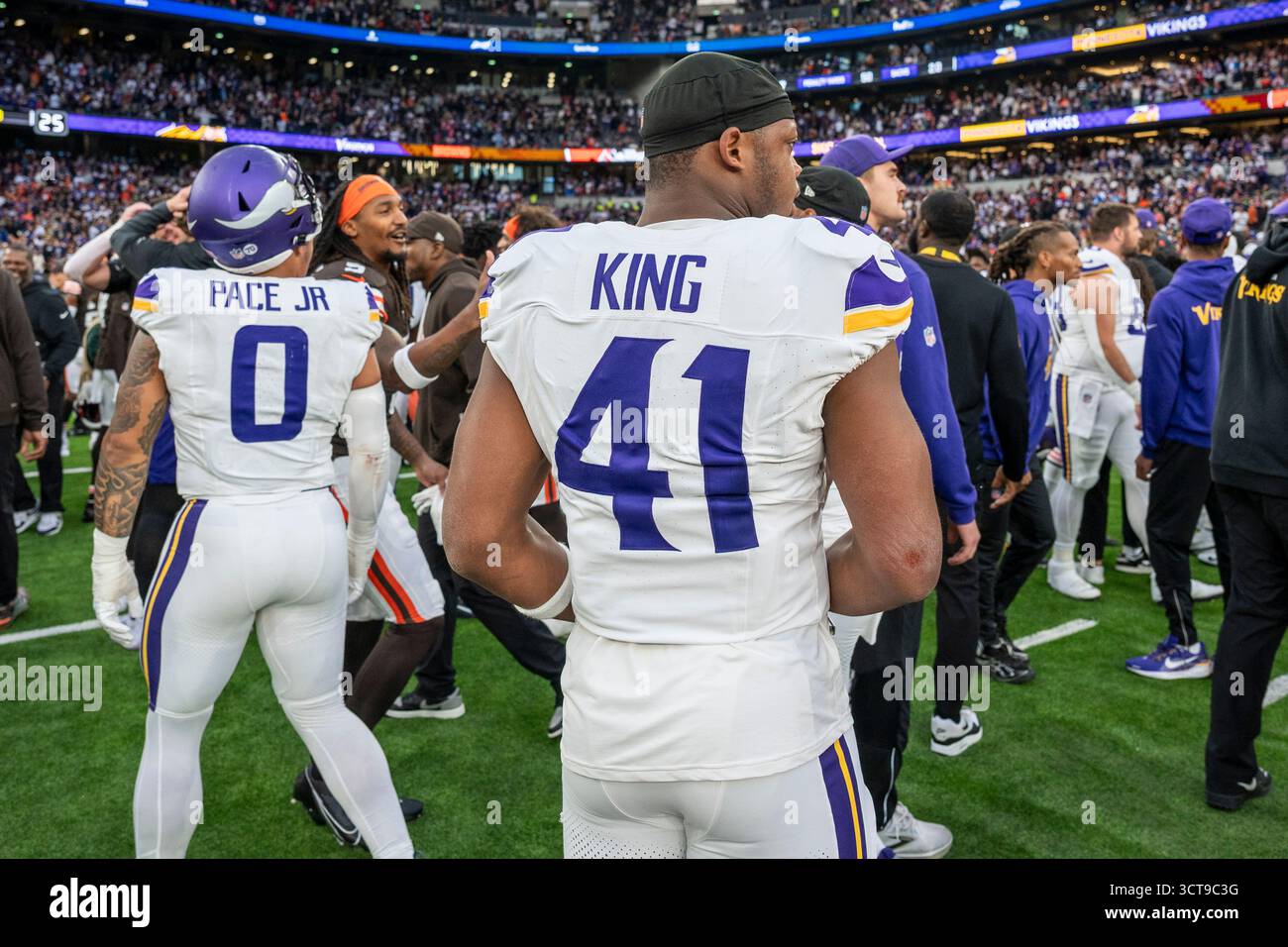 London, UK. 5 October 2025. Kobe King, Vikings Linebacker, after the ...