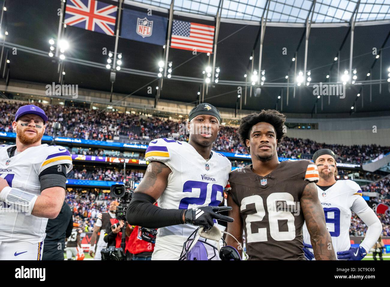 London, UK. 5 October 2025. Theo Jackson, Vikings Safety, and Myles ...