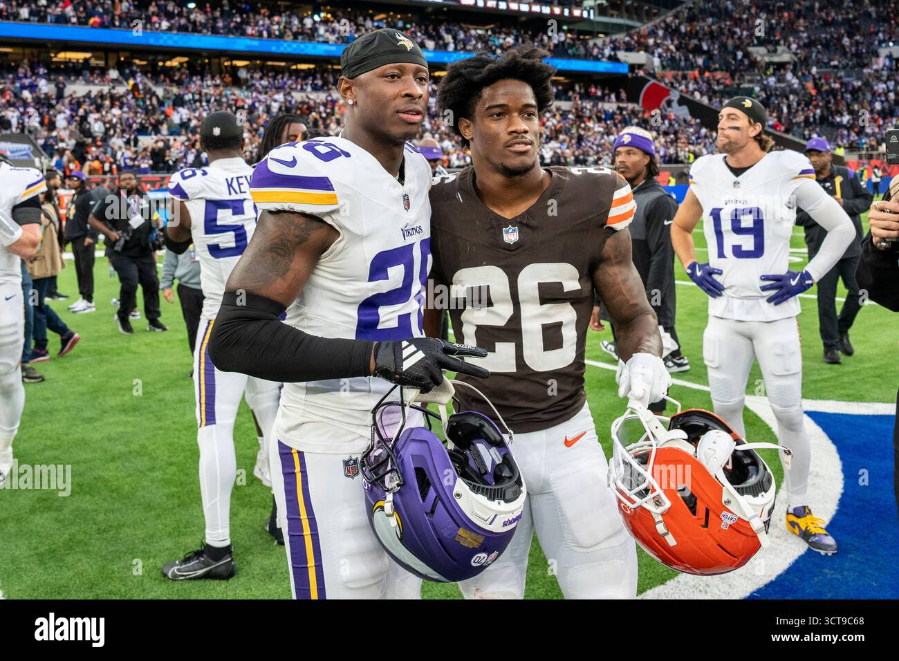 London, UK. 5 October 2025. Theo Jackson, Vikings Safety, and Myles ...