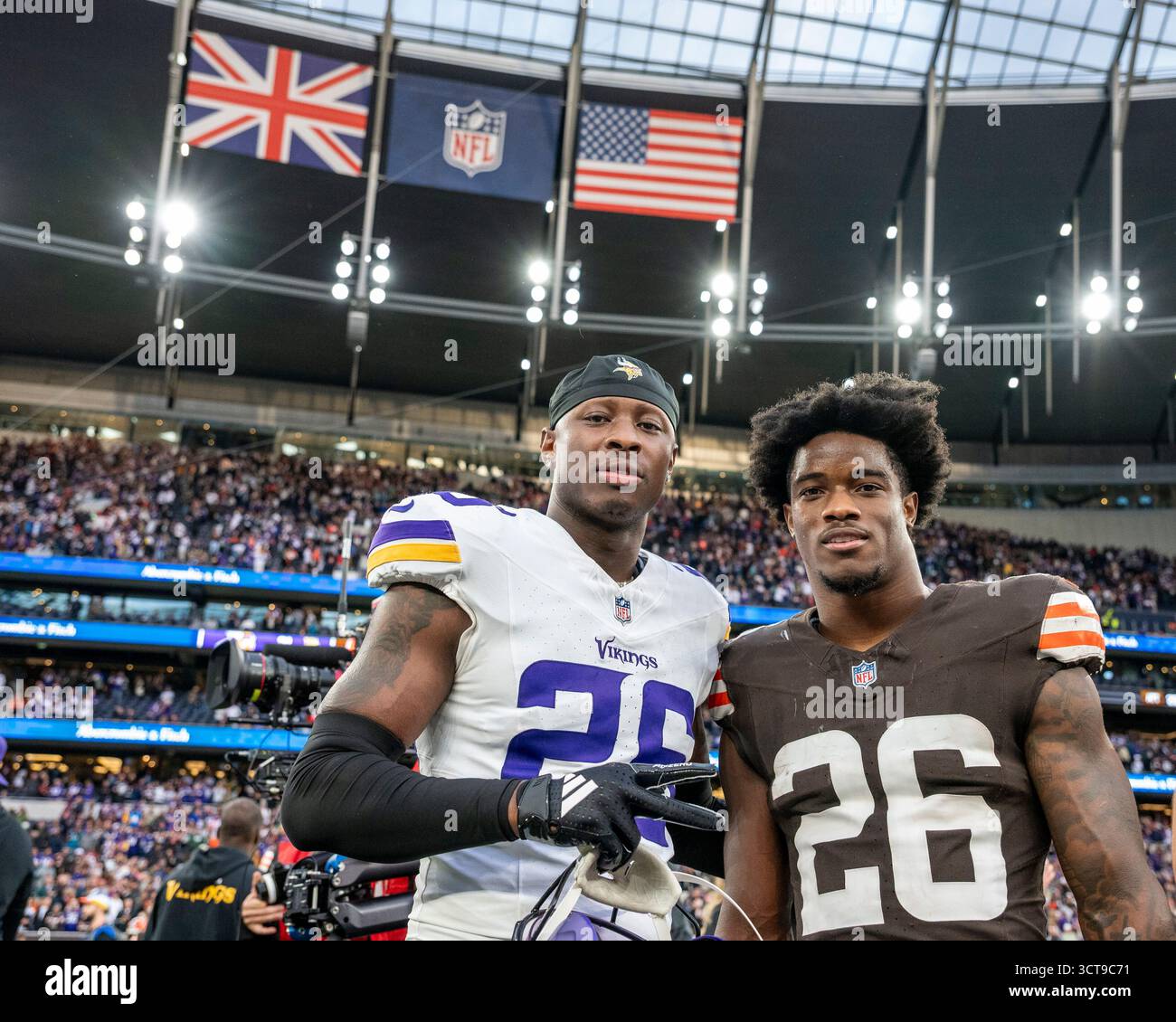 London, UK. 5 October 2025. Theo Jackson, Vikings Safety, and Myles ...