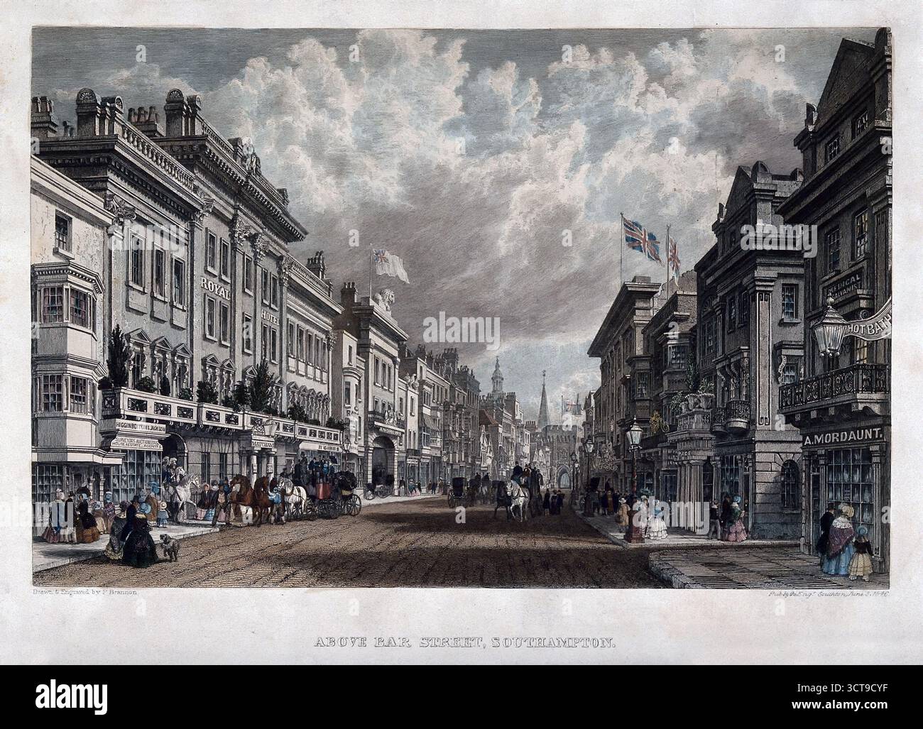 Hand coloured engraving print of above Bar Street Southampton Town ...