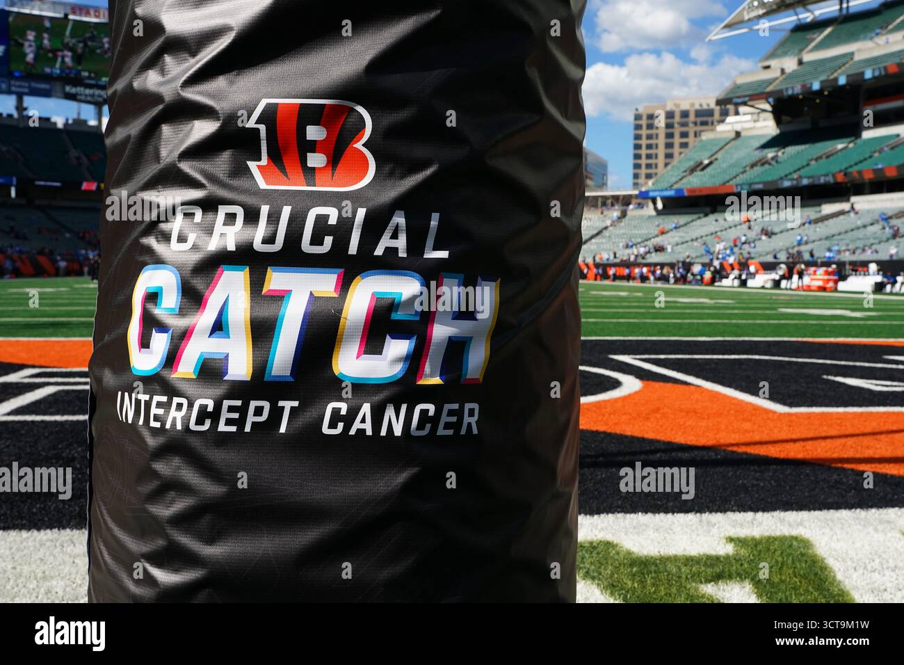 Crucial Catch Intercept Cancer is shown on a goal post pad before an ...