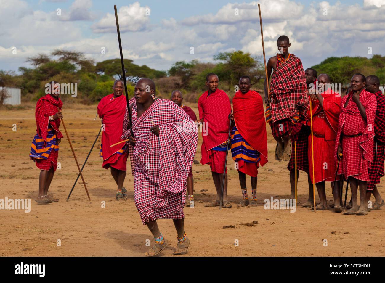Maasai men in Kenya perform a traditional dance, wearing colorful ...