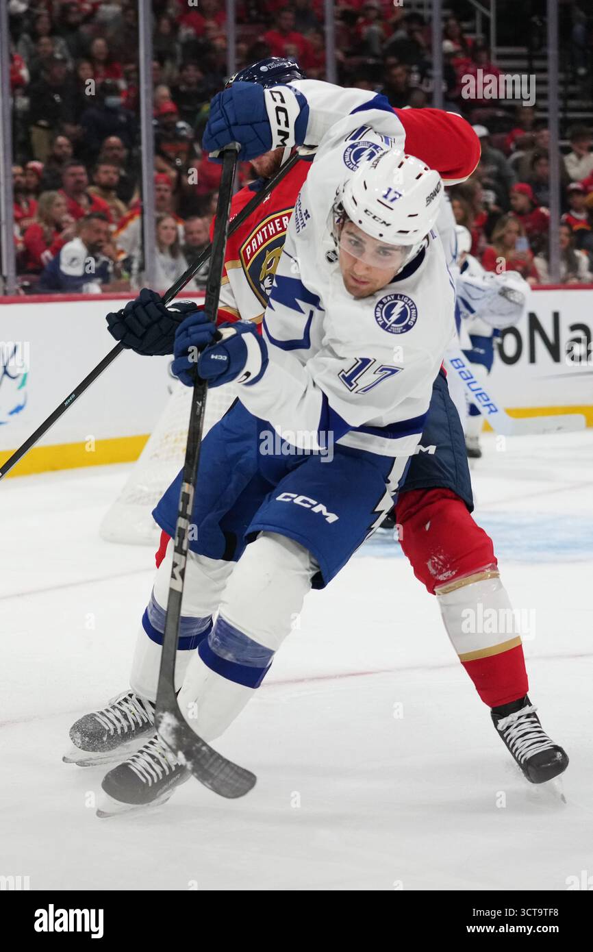 Tampa Bay Lightning center Dominic James (17) goes for the puck during ...