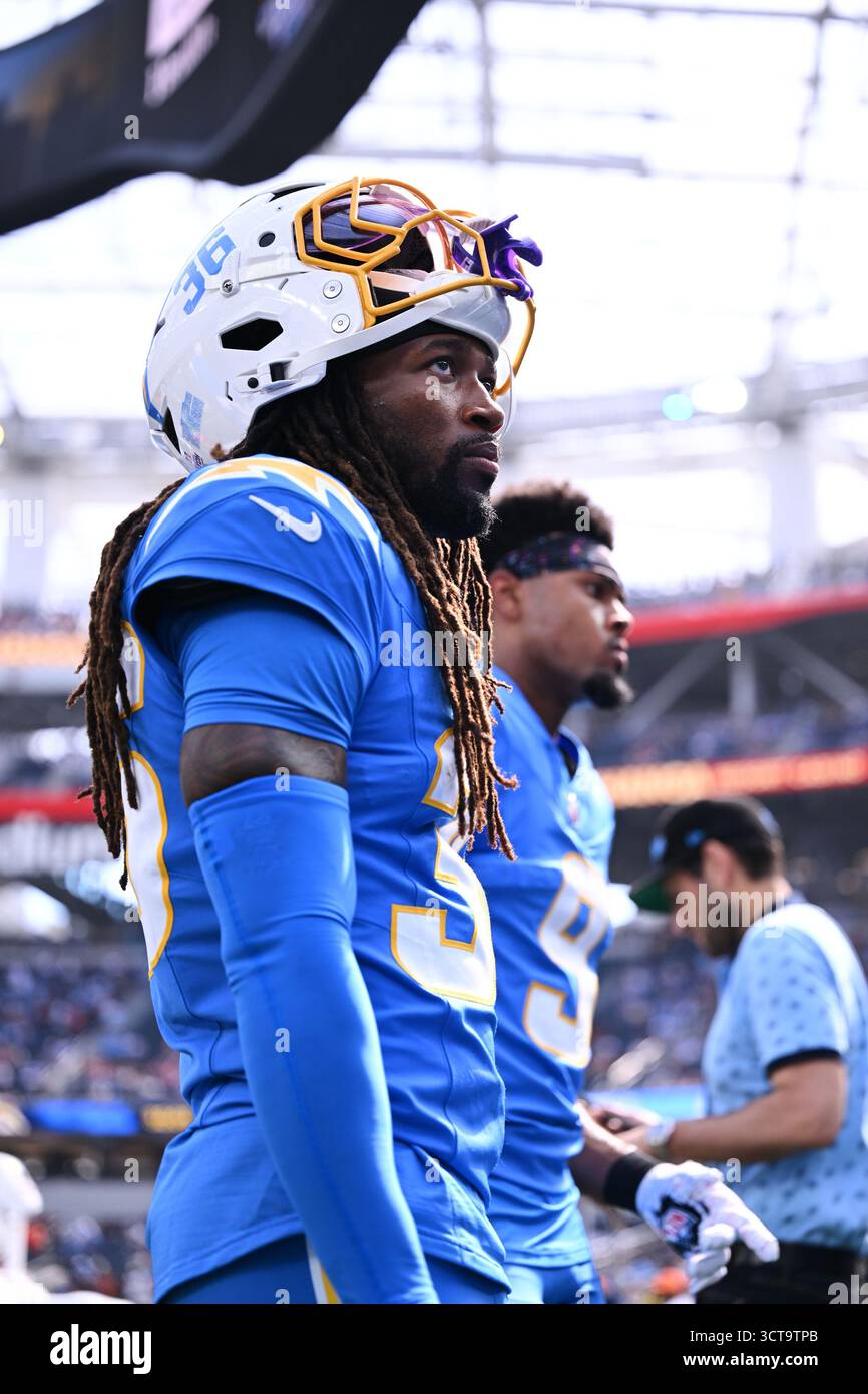 Los Angeles Chargers cornerback Ja'Sir Taylor (36) stand on the field ...
