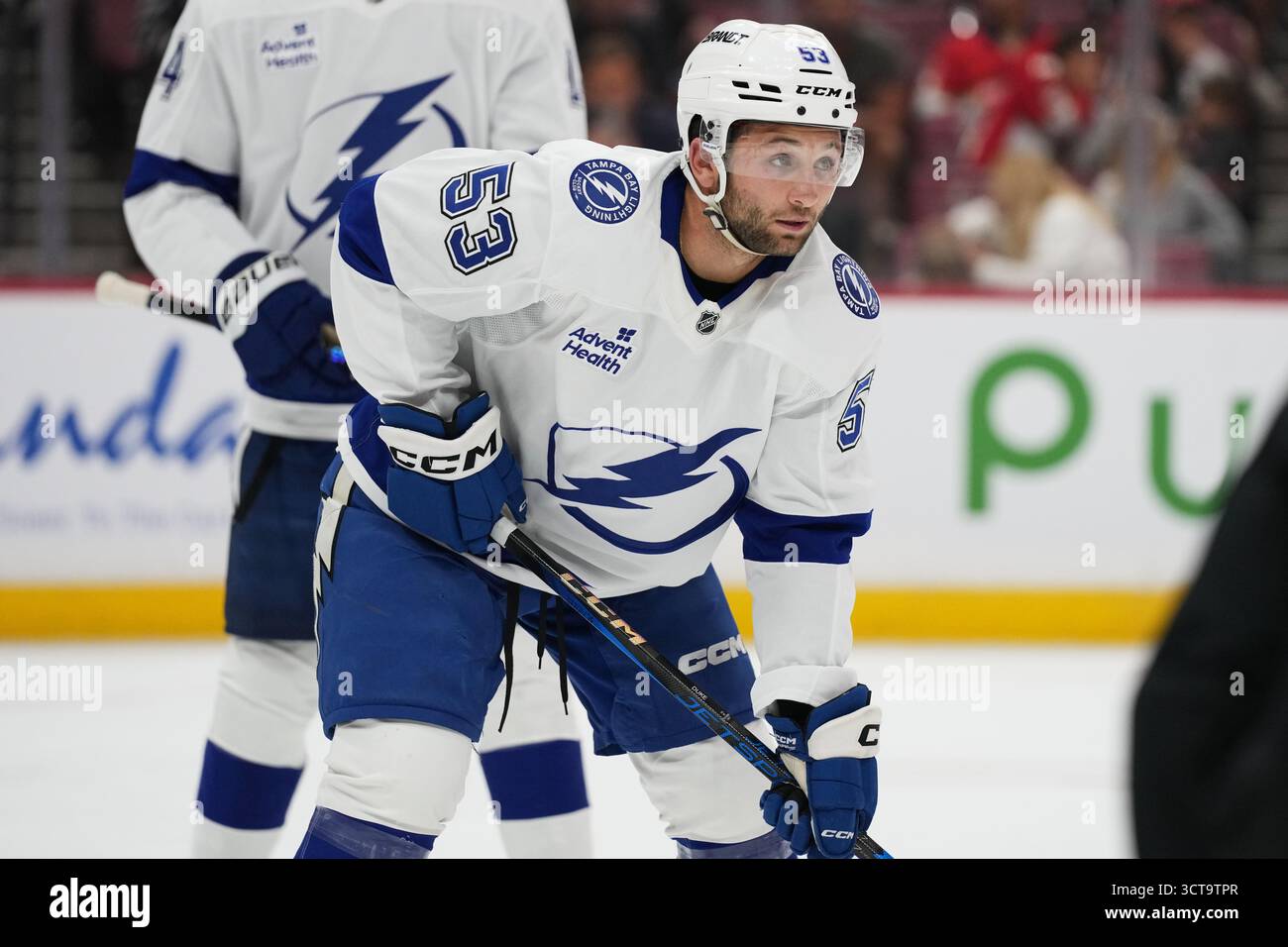 Tampa Bay Lightning left wing Dylan Duke (53) stands on the ice during ...