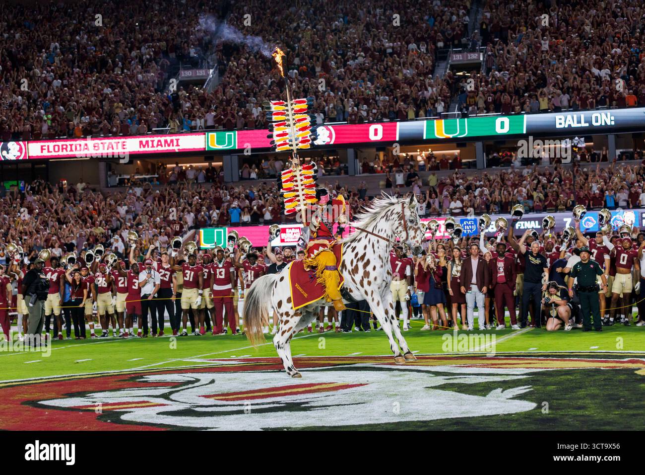 Florida State Mascot Osceola plants the flaming spear before an NCAA ...
