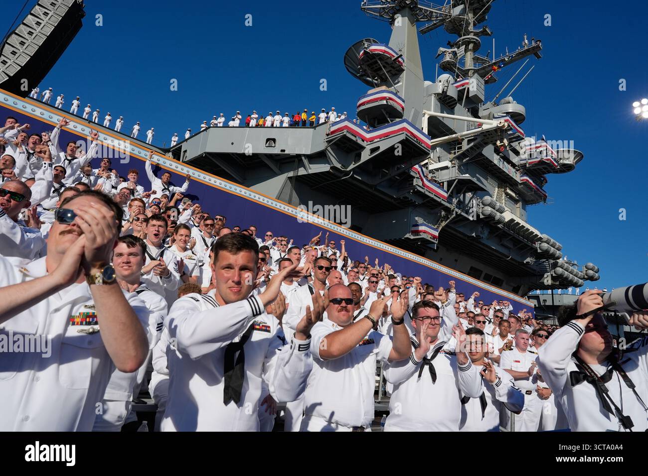 Sailors cheer as President Donald Trump speaks during a celebration for ...