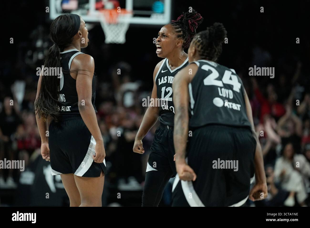 Las Vegas Aces guard Chelsea Gray (12) celebrates with guards Jackie ...