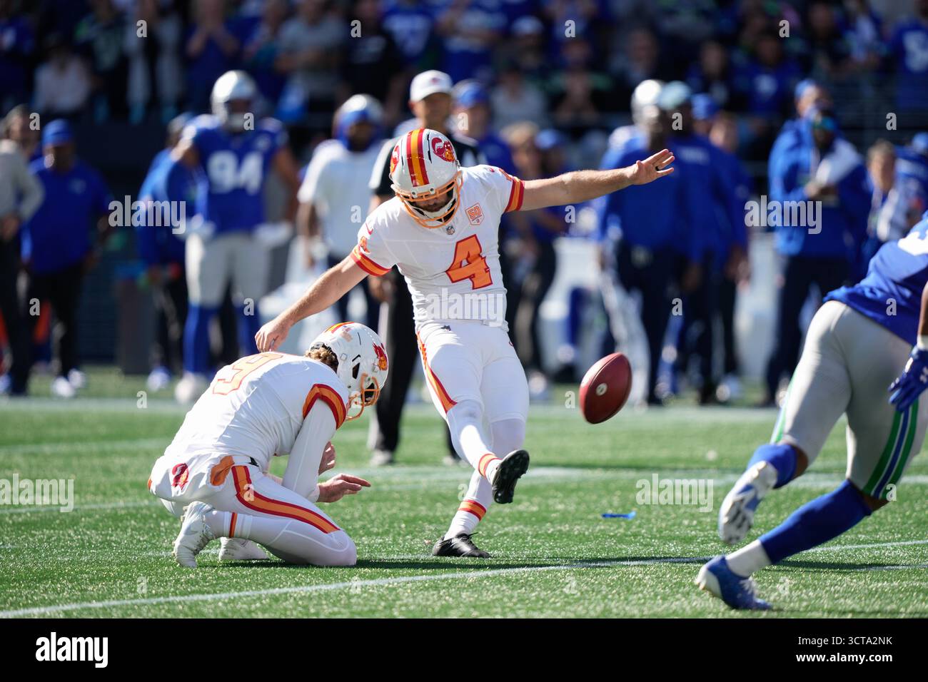 Tampa Bay Buccaneers place-kicker Chase McLaughlin (4) kicks a field ...
