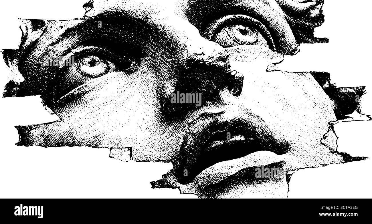 Fragmented ancient statue face in detailed dotwork stipple illustration ...