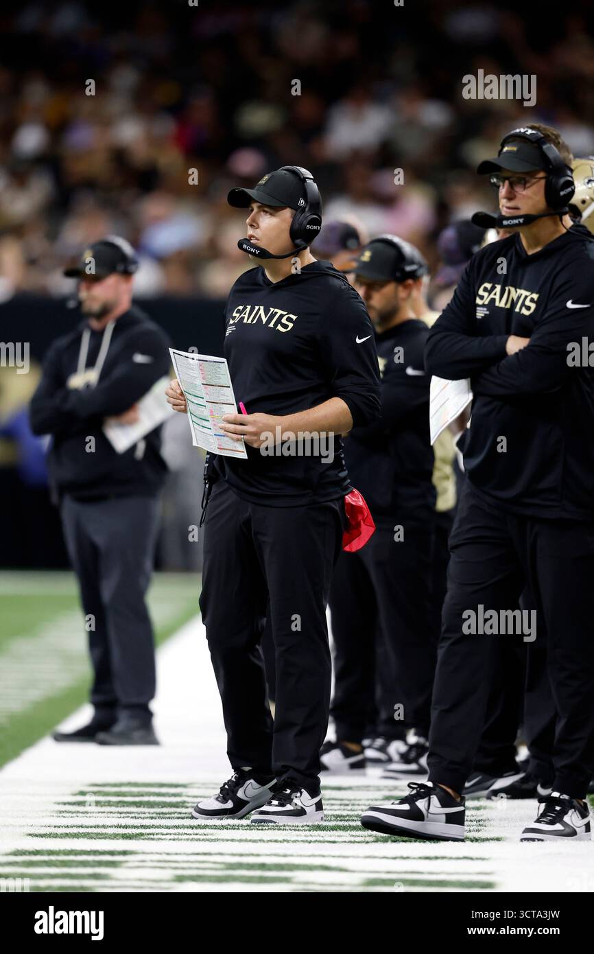New Orleans Saints head coach Kellen Moore calls a play during an NFL ...