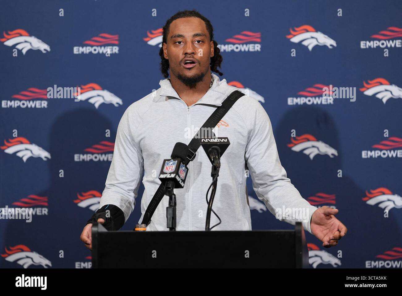 Denver Broncos linebacker Nik Bonitto speaks during a news conference ...