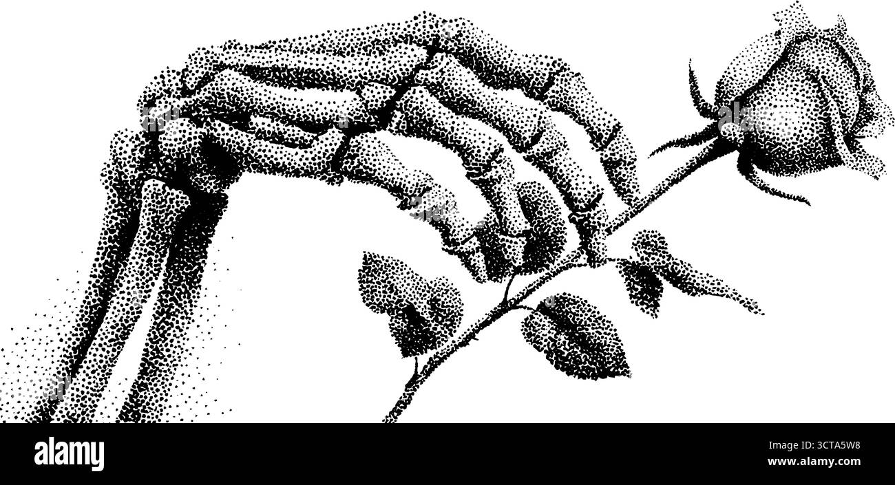 Skeleton hand holding rose detailed dotwork stipple art for design and ...