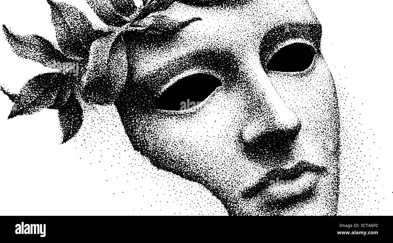 Intricate stipple art of a theatrical greek mask in dotwork style for ...