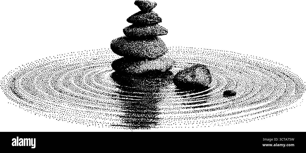 Tranquil zen stone stack with rippling water in detailed dotwork ...