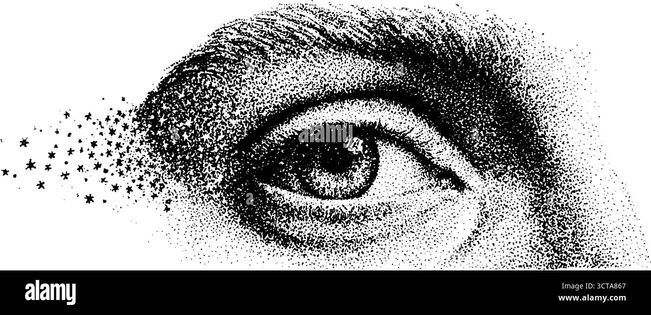 Intricate dotwork stippling illustration of an eye with reflective ...