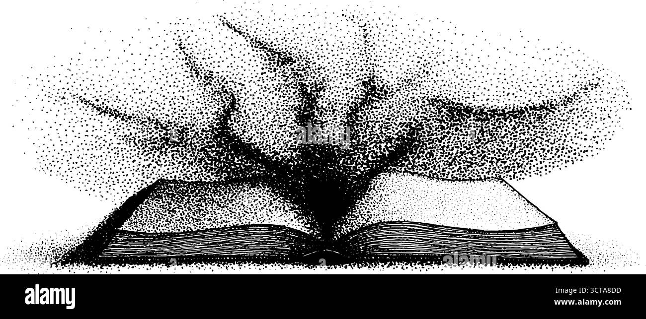 Vintage stipple illustration of an open old book with magical effect ...