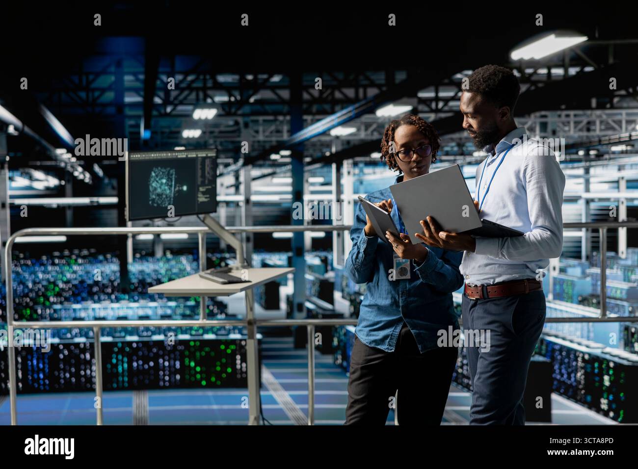 Programmers team in data center reviewing AI LLM visualizations on ...