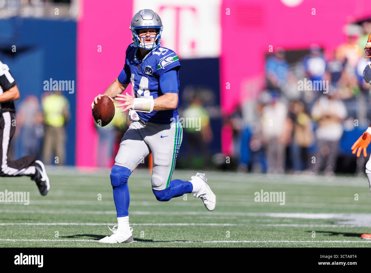 Seattle Seahawks quarterback Sam Darnold (14) looks for an open receiver in the second quarter ...