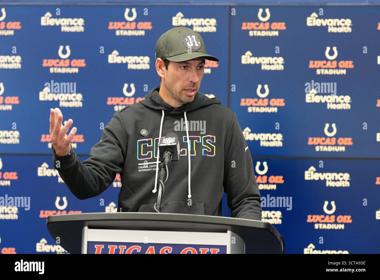 Indianapolis Colts head coach Shane Steichen speaks during a news ...