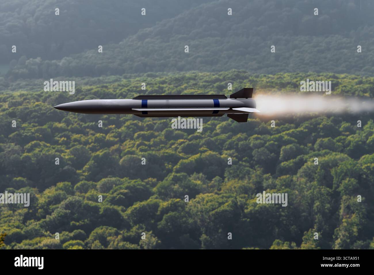 A modern combat missile moves across the sky over a natural landscape ...