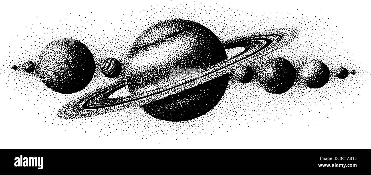 Cosmic journey through overlapping planets in detailed dotwork art ...