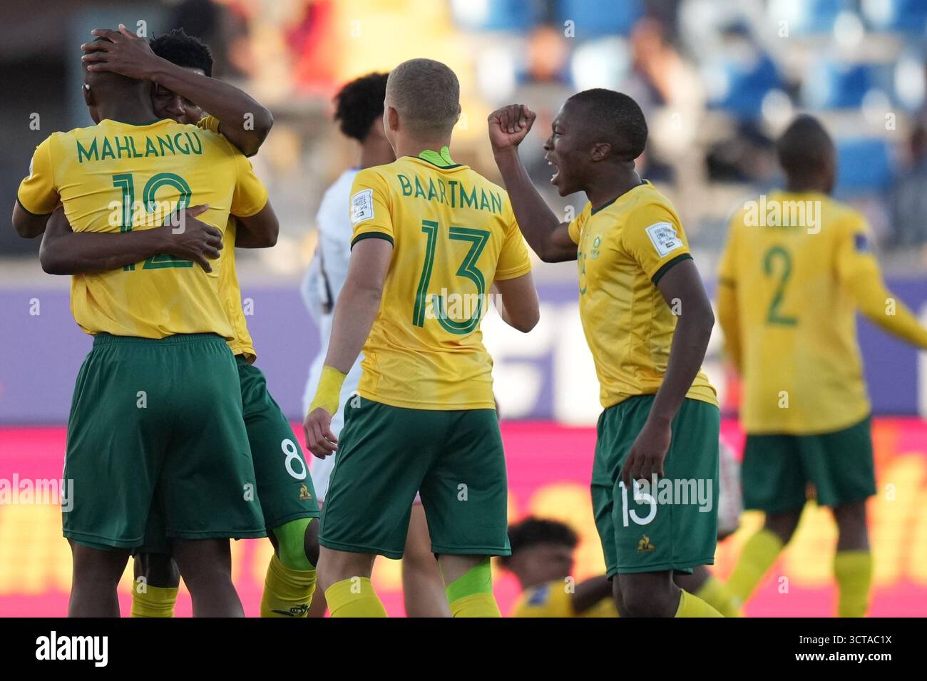 South Africa's players embrace at the end of the game against United ...