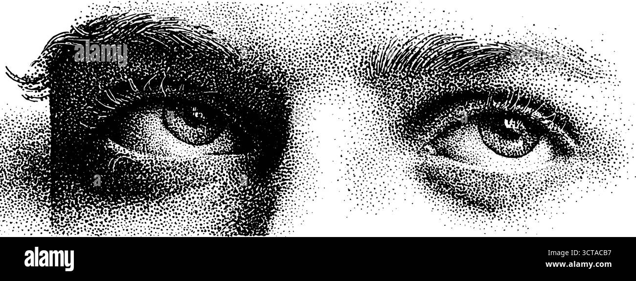 Intricate dotwork stippling of eyes with long eyelashes in engraving ...