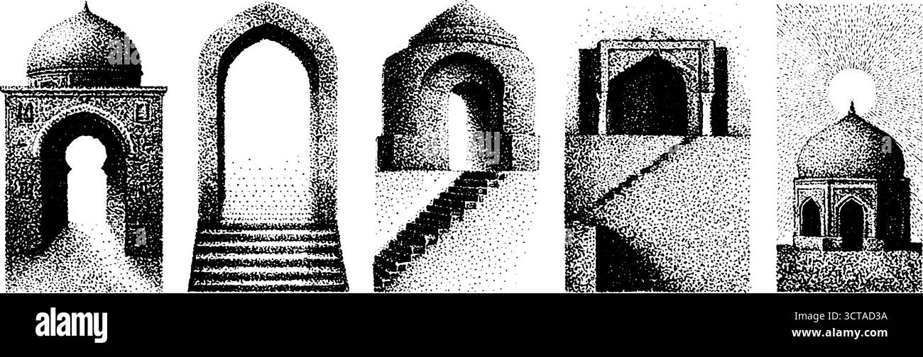 Elegant architectural arches and domes in detailed dotwork stipple ...
