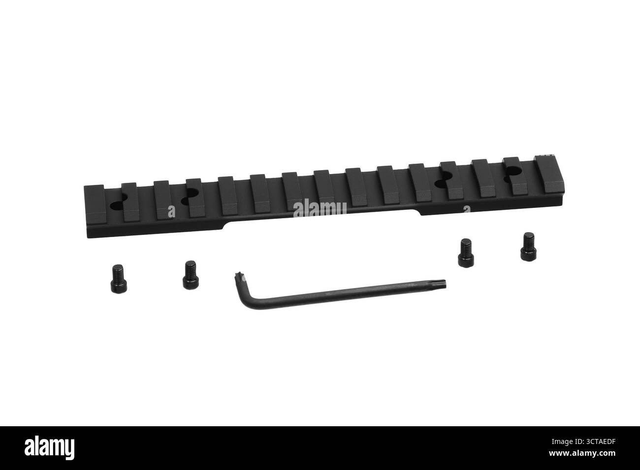 Black picatinny rail with mounting screws and an L-shaped Allen wrench ...