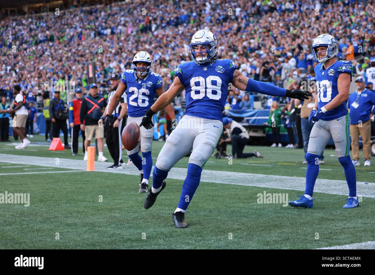 Seattle Seahawks tight end AJ Barner (88) celebrates after scoring a ...