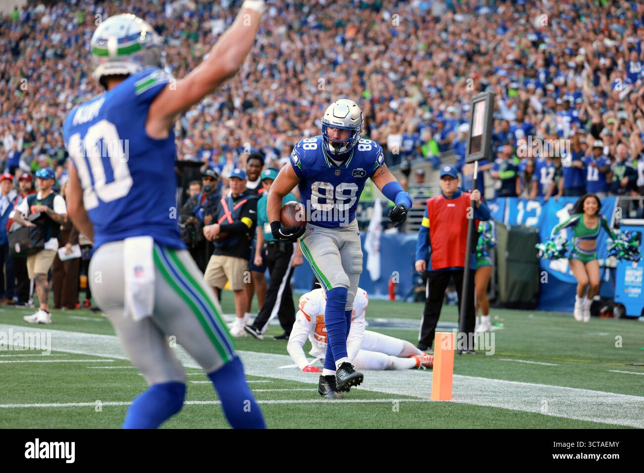 Seattle Seahawks tight end AJ Barner (88) scores a touchdown during the ...